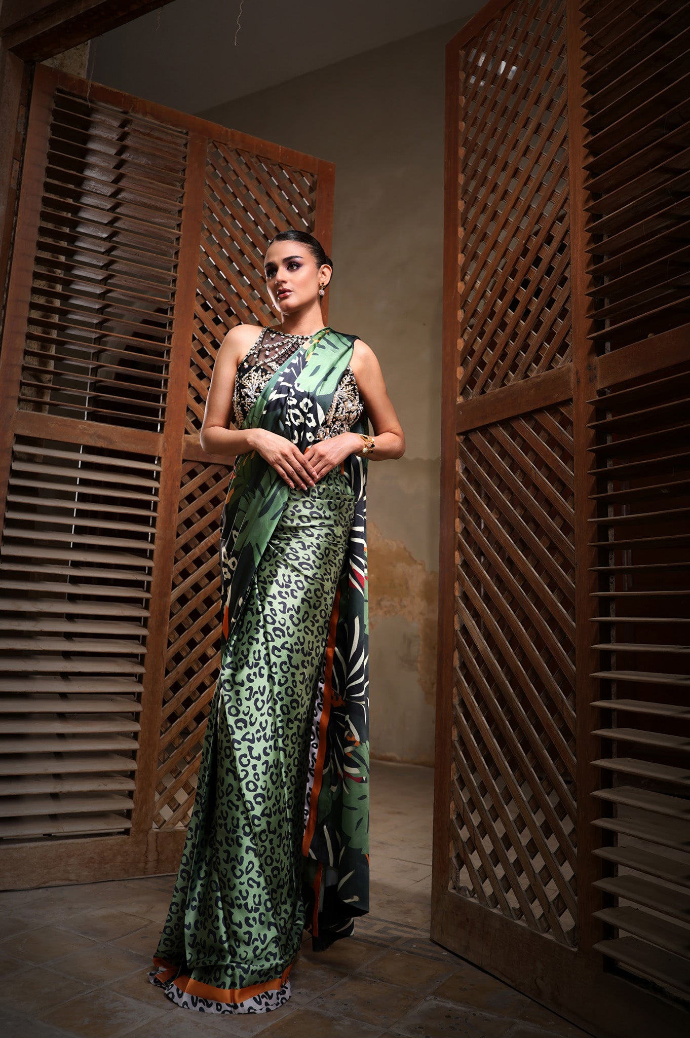 Bold and Chic Silk Sari with Abstract and Animal Print Motifs