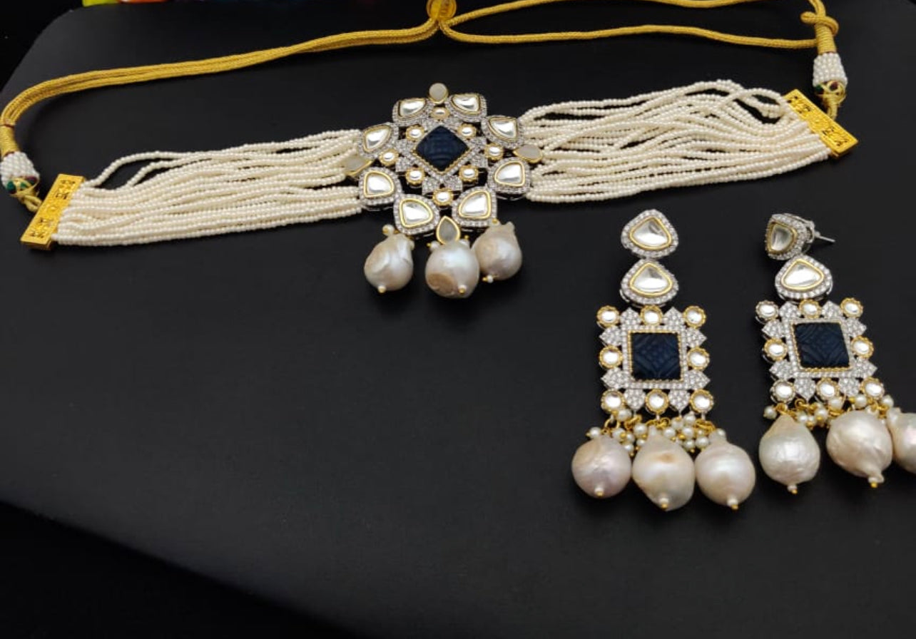 Black Polki Choker Set with White Beads for any occasion.