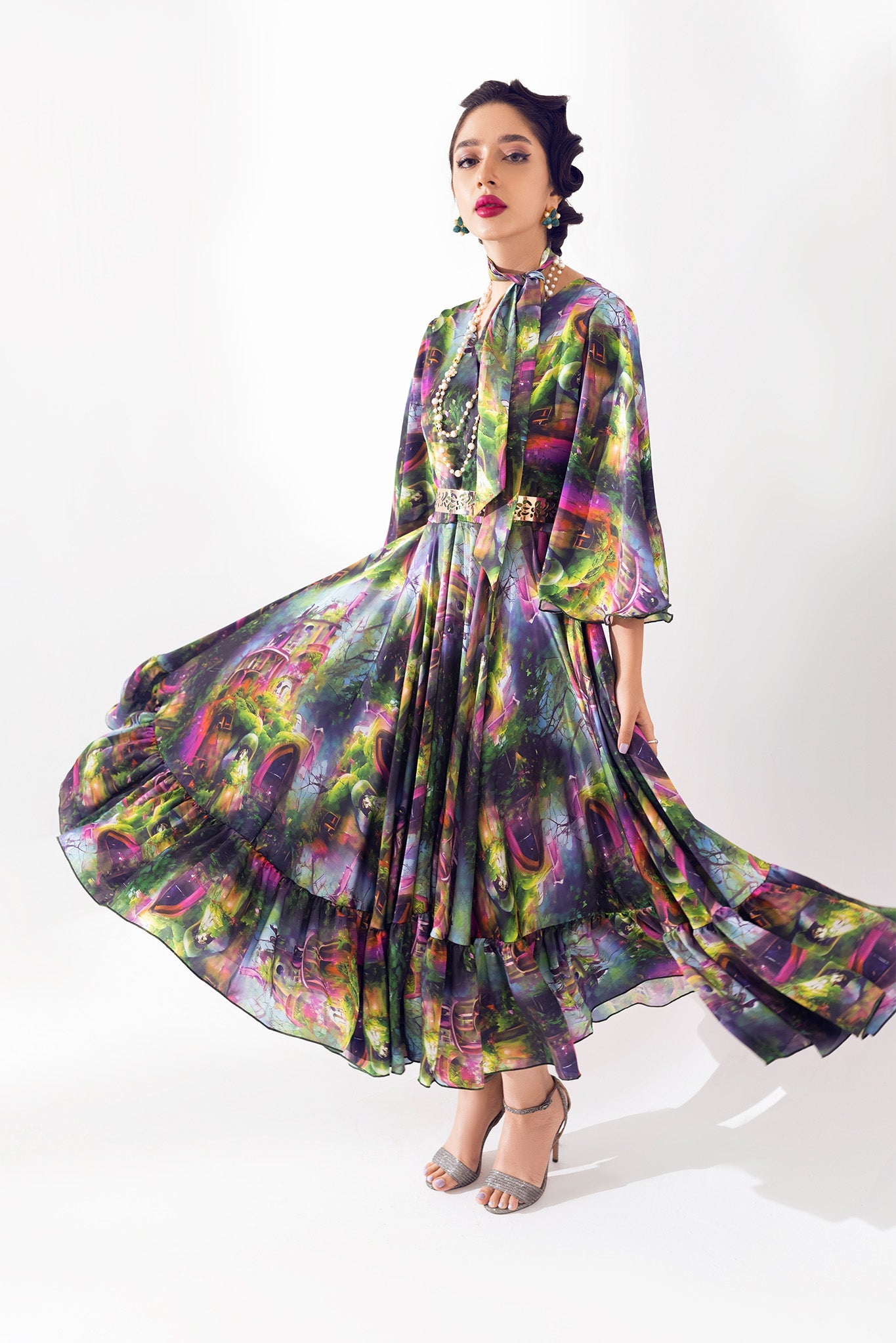 Forest-Inspired Dress Vibrant Prints, Luxurious Silk
